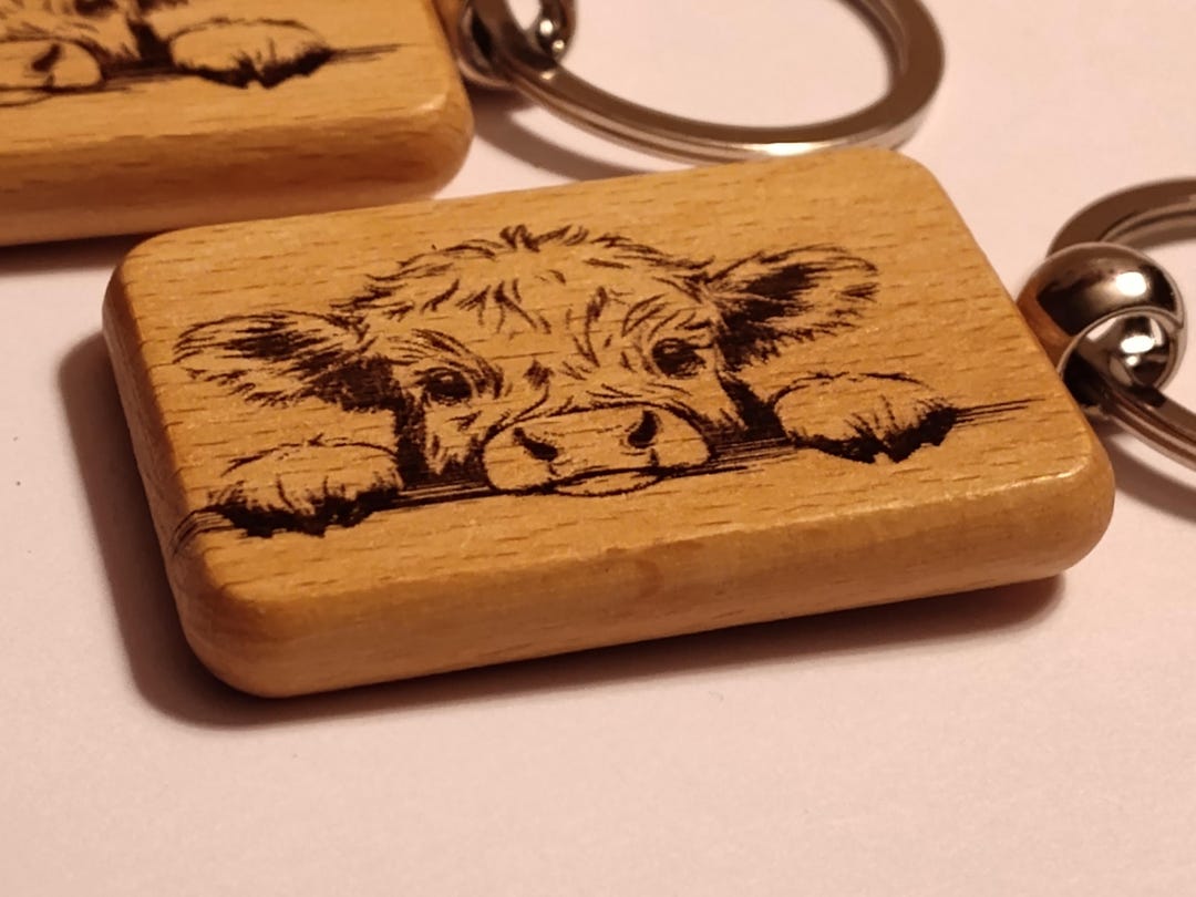 Custom Designed Laser Engraved Wood Keychains, Baby Highland Cow ...