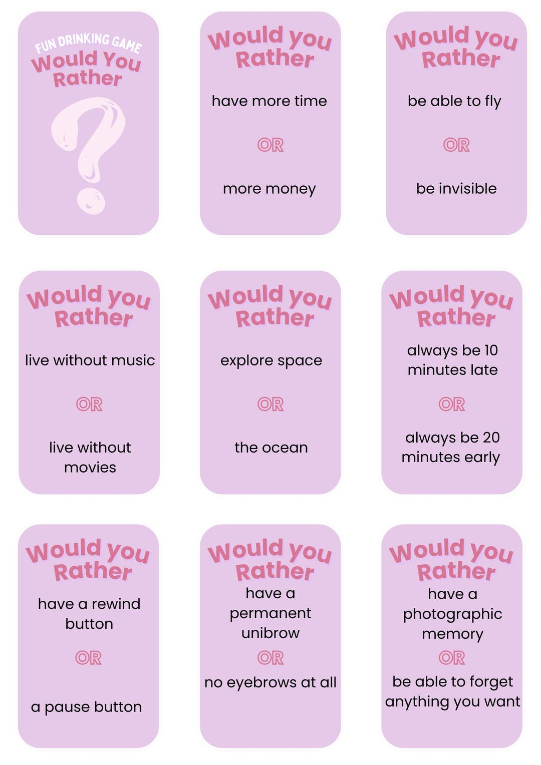 Would You Rather Drinking Game: Fun Party Cards (digital Download) - Etsy