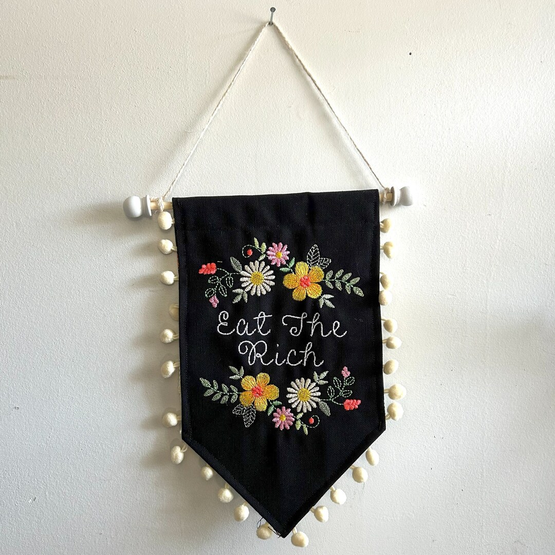 Eat the Rich Embroidered Pennant Banner Handsewn Pom Pom Fringe - Etsy