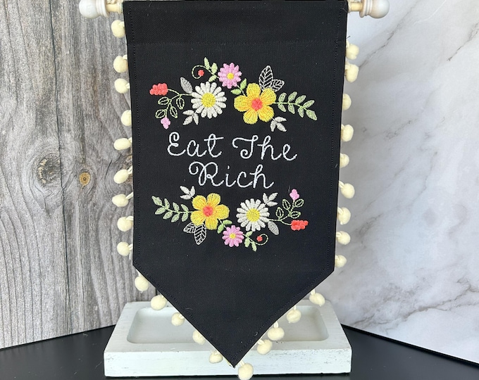 Eat the Rich - Embroidered Pennant Banner With Pom Pom Fringe - Etsy