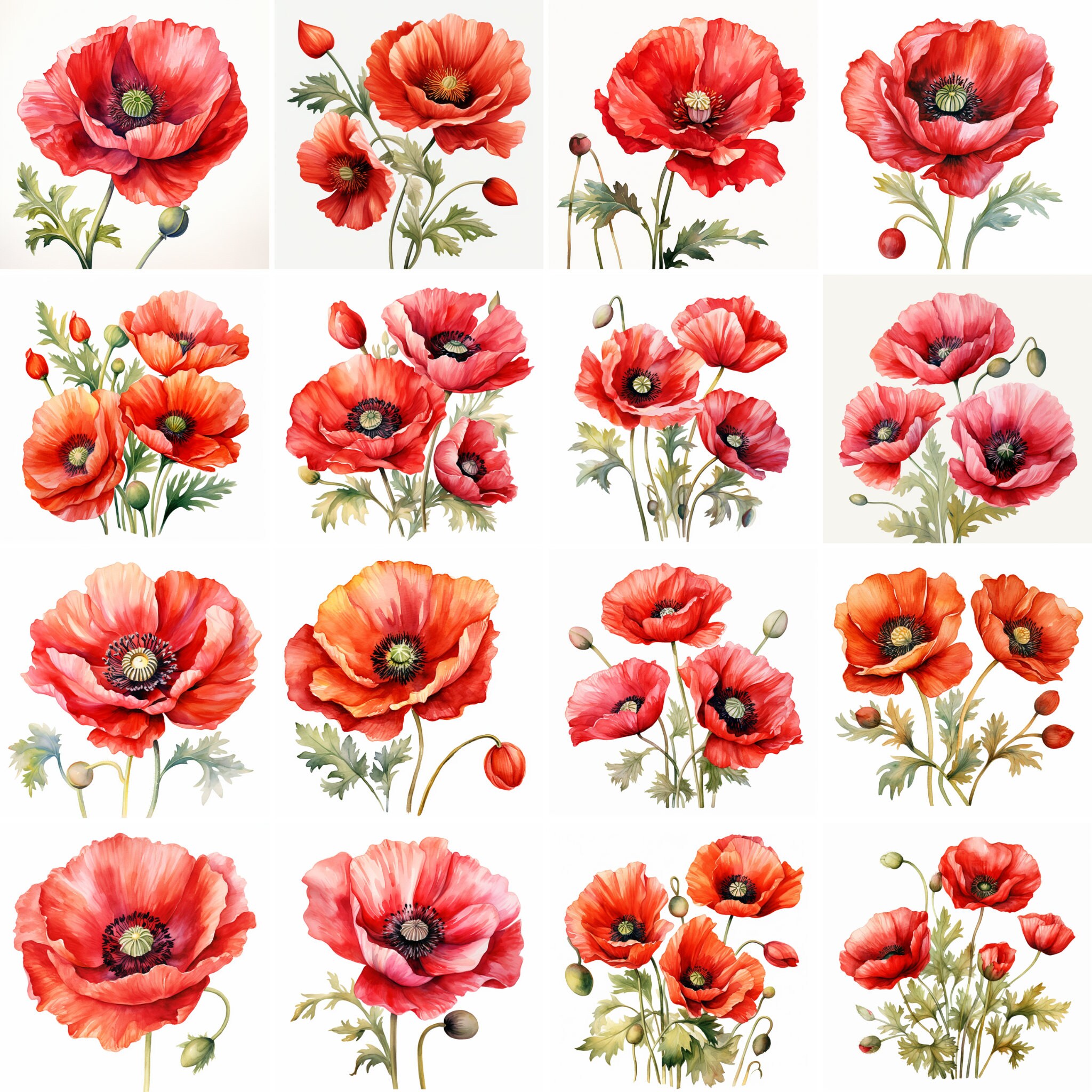 Watercolor Poppy Flower Clip Art 50 Bundle - Etsy