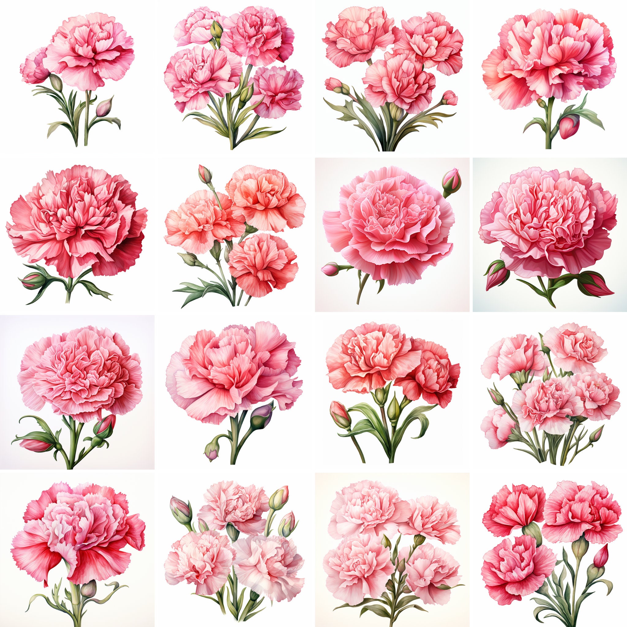 Watercolor Carnation Flower Clip Art 50 Bundle - Etsy