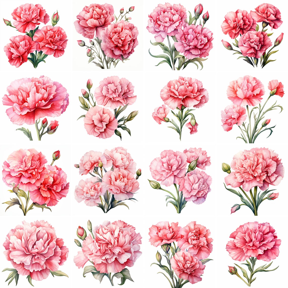 Watercolor Carnation Flower Clip Art 50 Bundle - Etsy