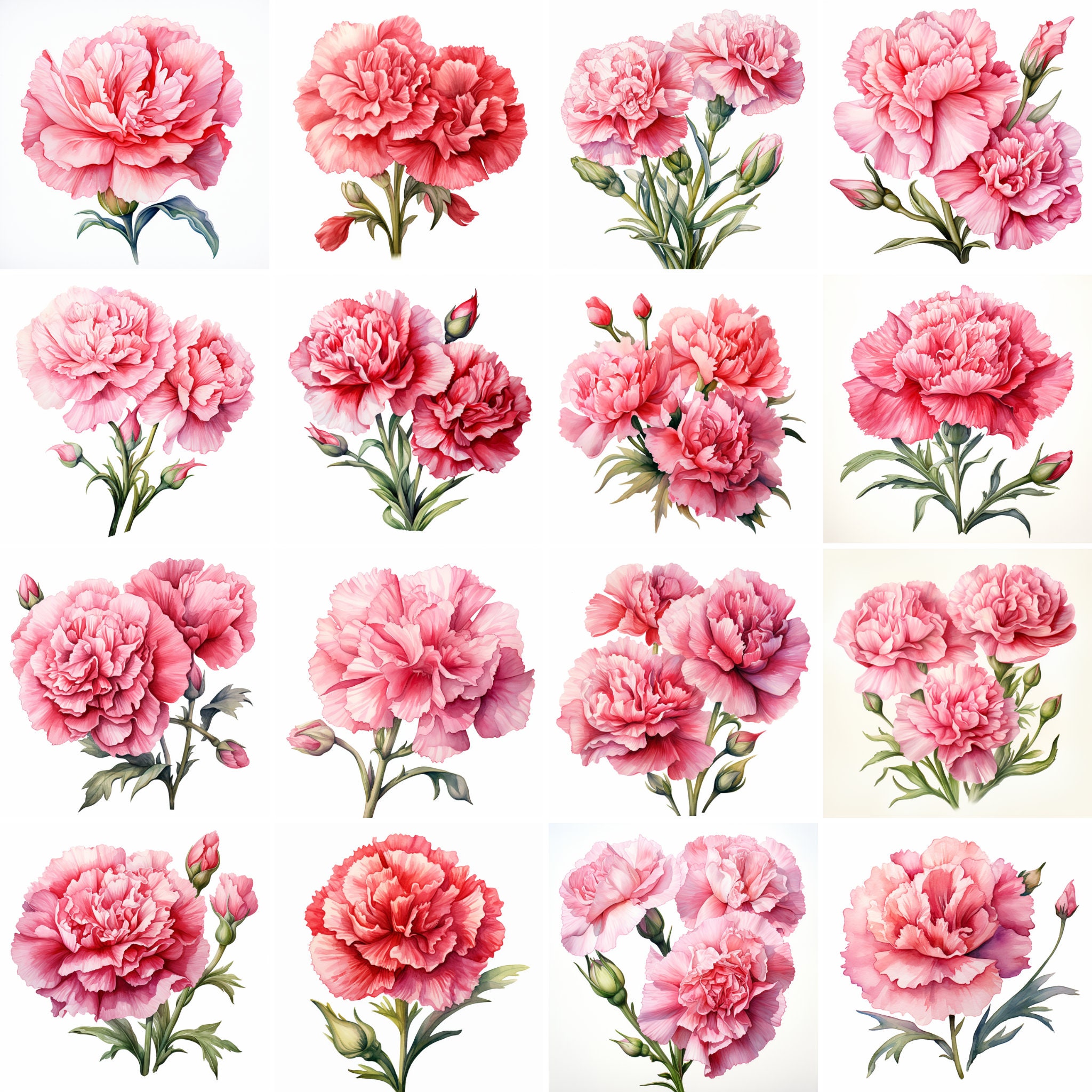 Watercolor Carnation Flower Clip Art 50 Bundle - Etsy