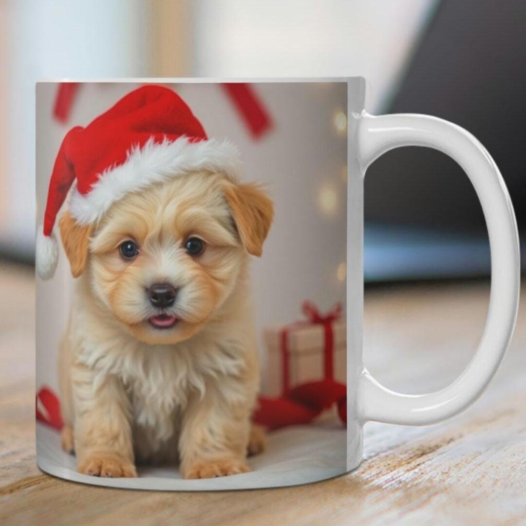 Ceramic Mug, Puppy Wearing a Santa Hat Cute Christmas Coffee Cup, 11oz ...