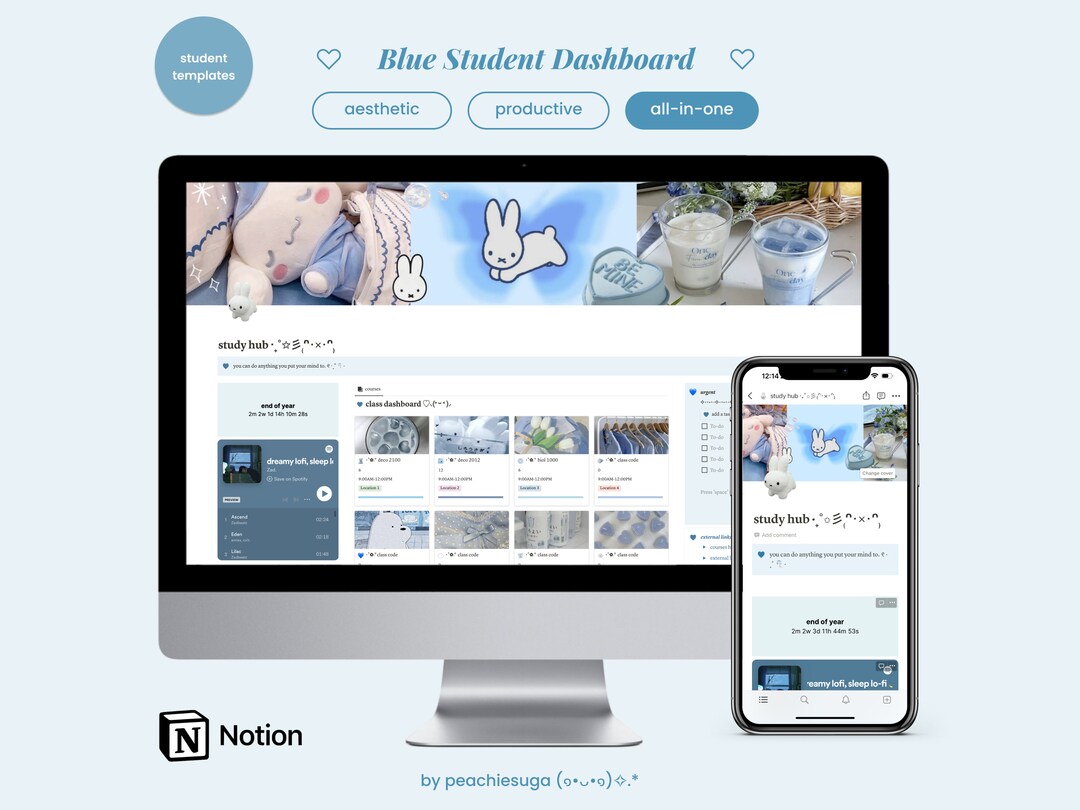 Aesthetic Blue Student Dashboard Notion Template | Notion All-in-one ...