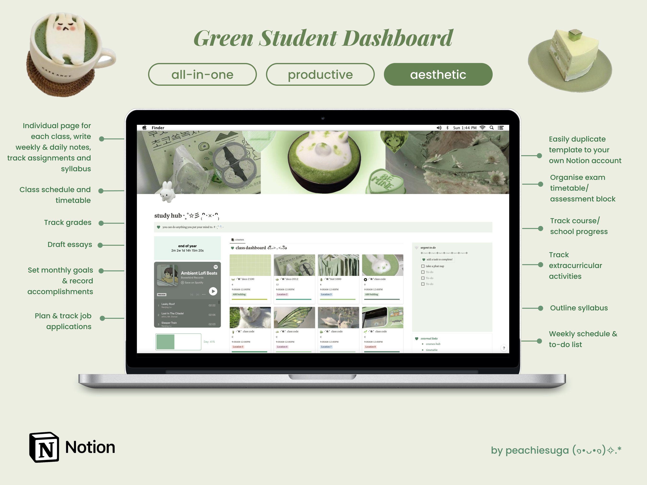 2025 Aesthetic Green Student Dashboard Notion Template | Notion All-in ...