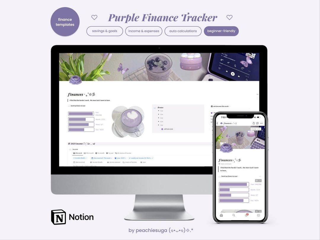 2026 Aesthetic Purple Finance Tracker Notion Template | Minimalist ...