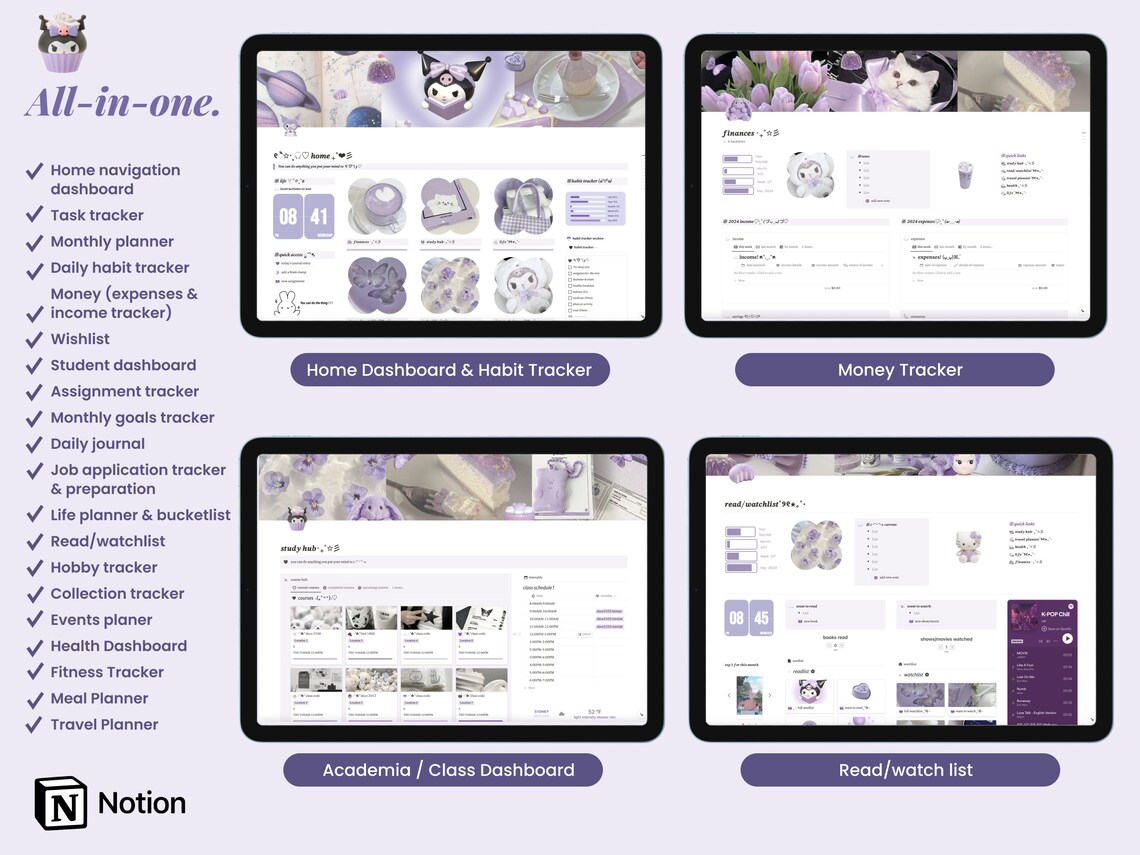 2025 Sweet Purple Aesthetic Notion Template | Notion All-in-one Life ...