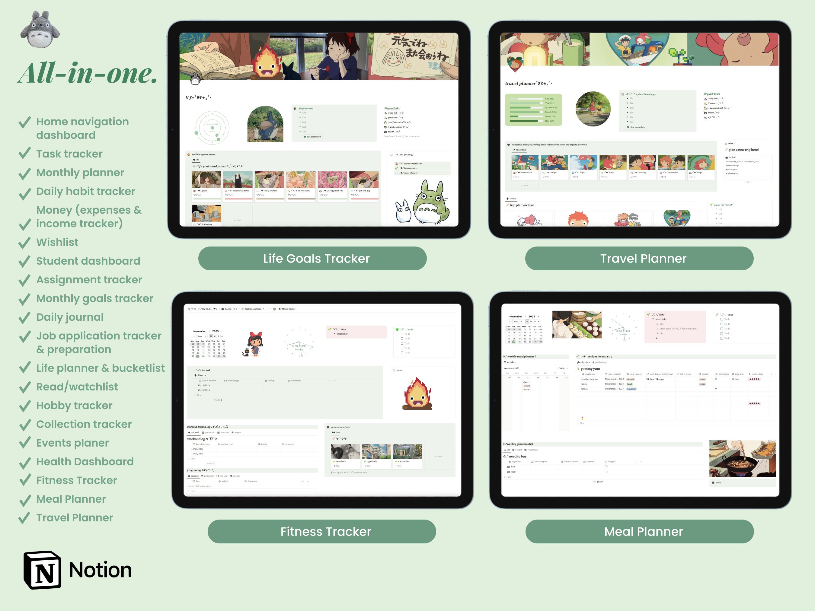 Aesthetic Studio Ghibli Notion Template Notion All-in-one Life Planner, Aesthetic Notion ...
