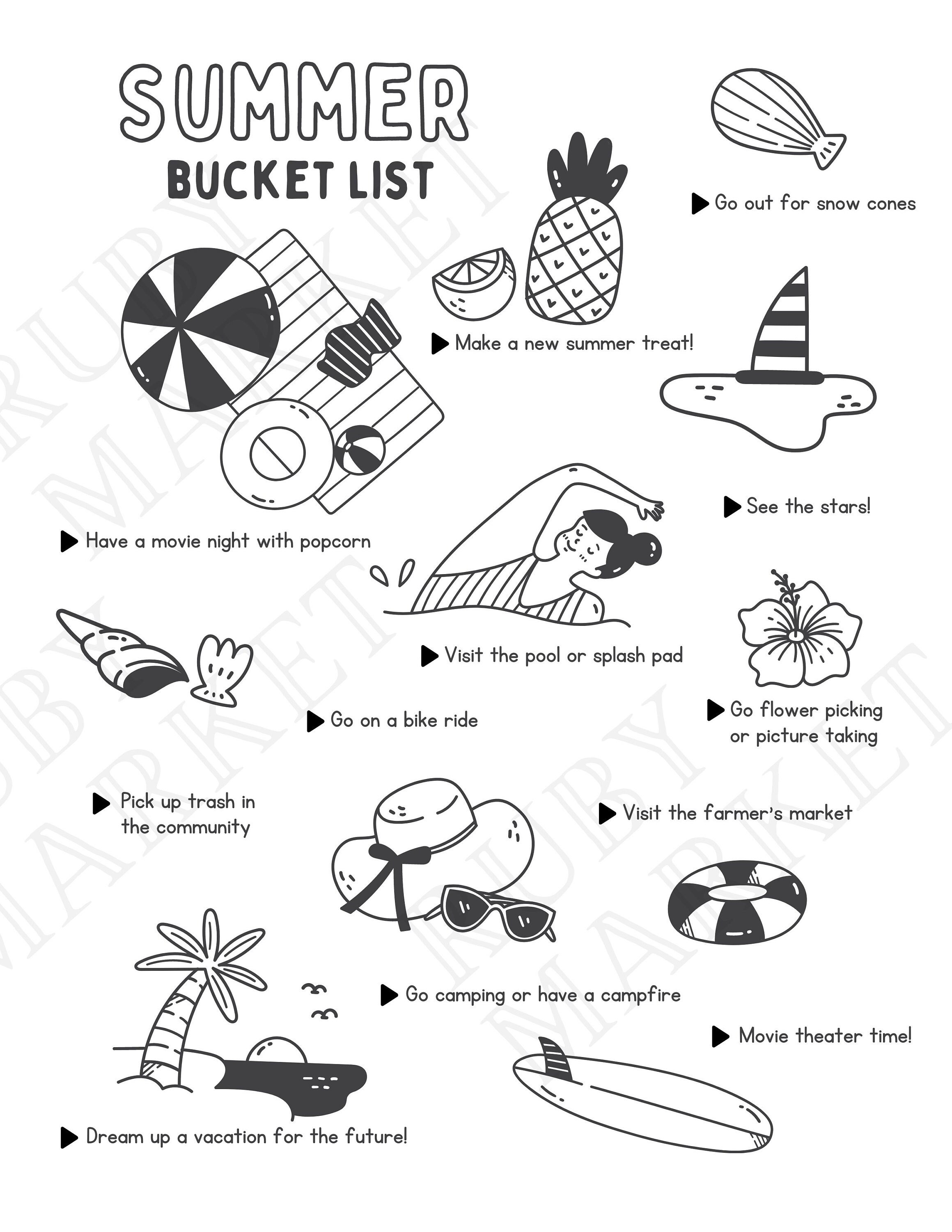 Summer Bucket List Coloring Page - Etsy