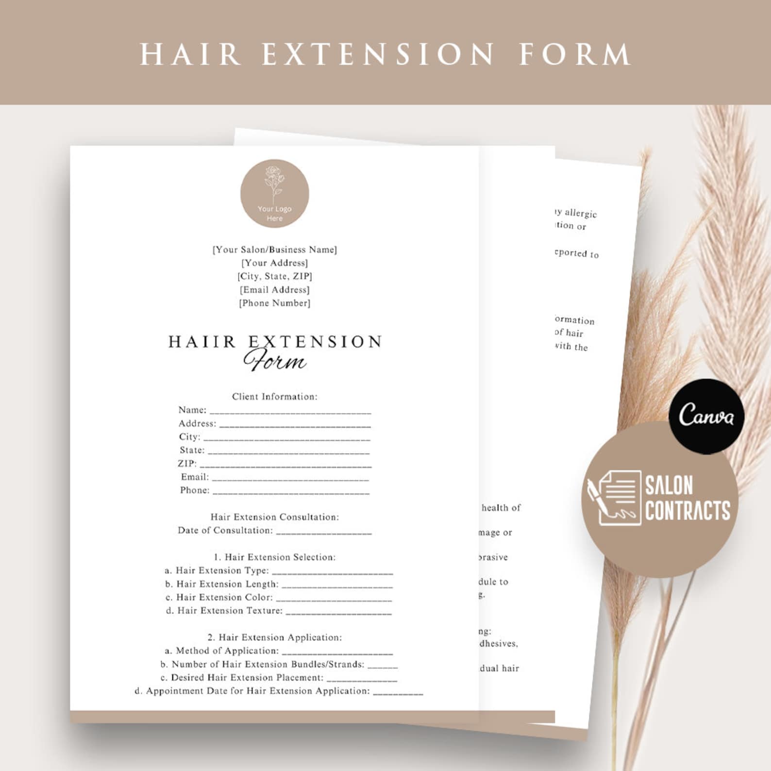 Hair Stylist Forms, Editable Hair Consent Template, Hair Extensions ...