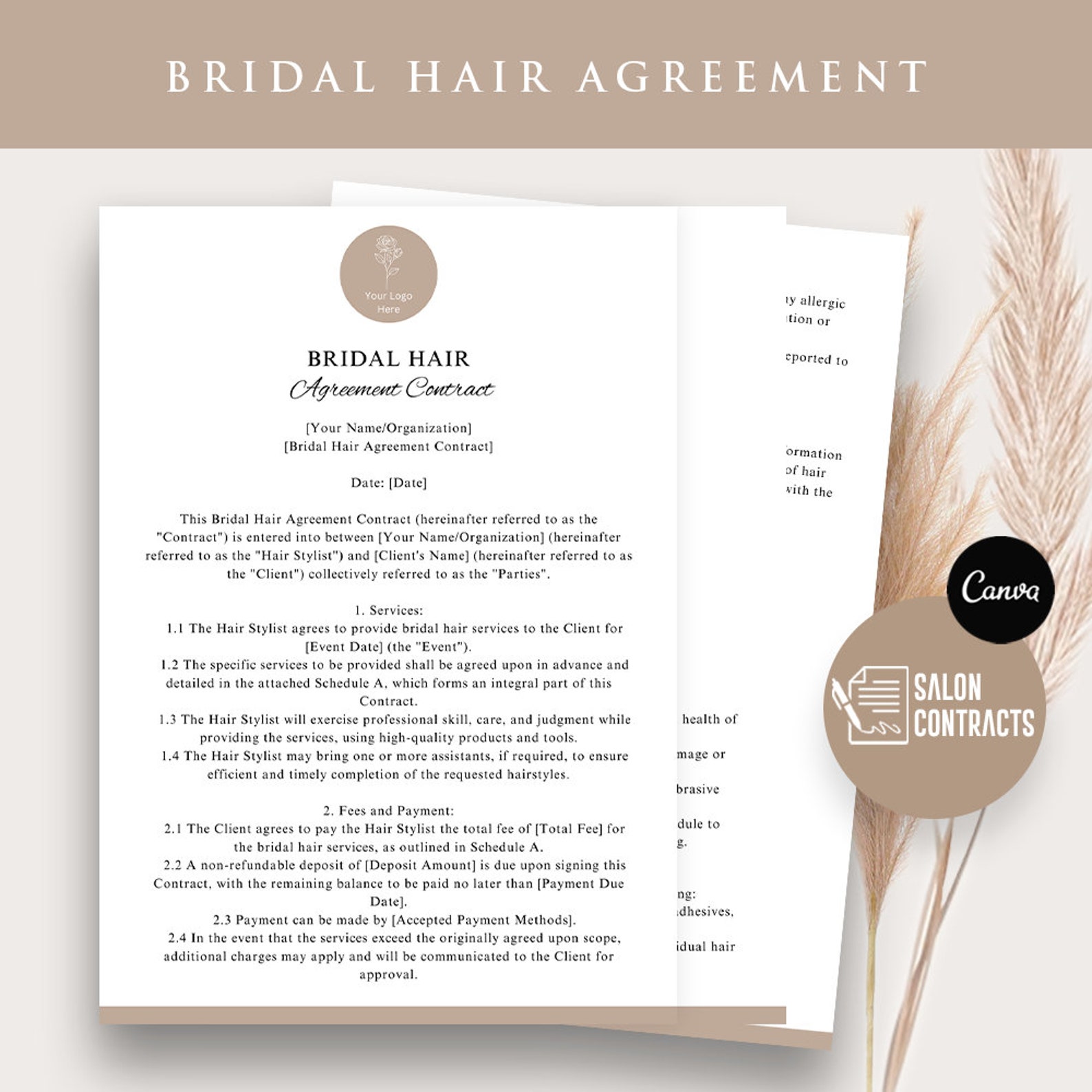 Bridal Hair Forms, Editable Bridal Hair Contract Template, Hair ...