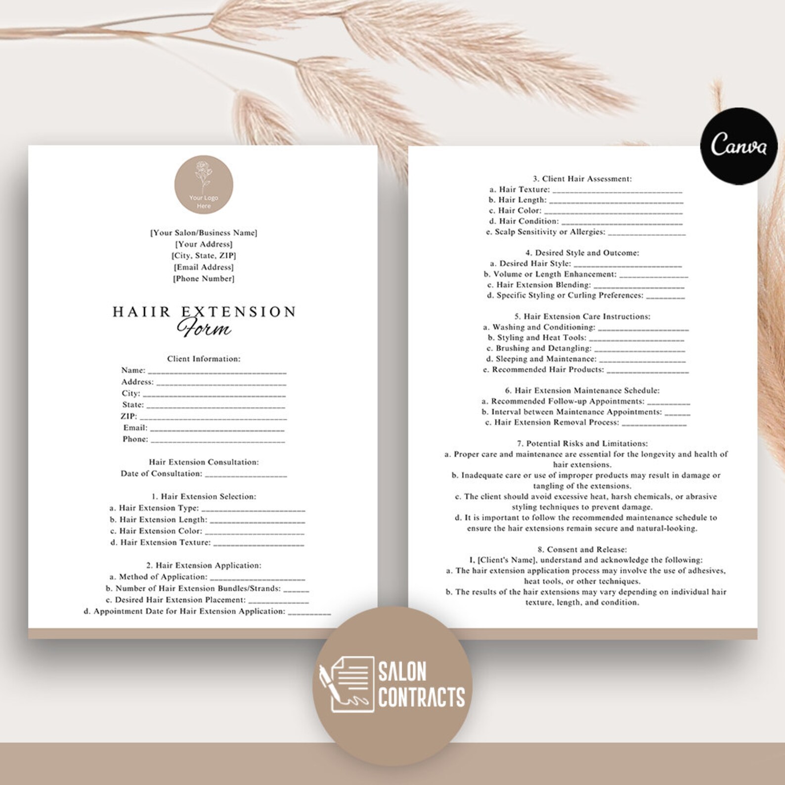 Hair Stylist Forms, Editable Hair Consent Template, Hair Extensions ...