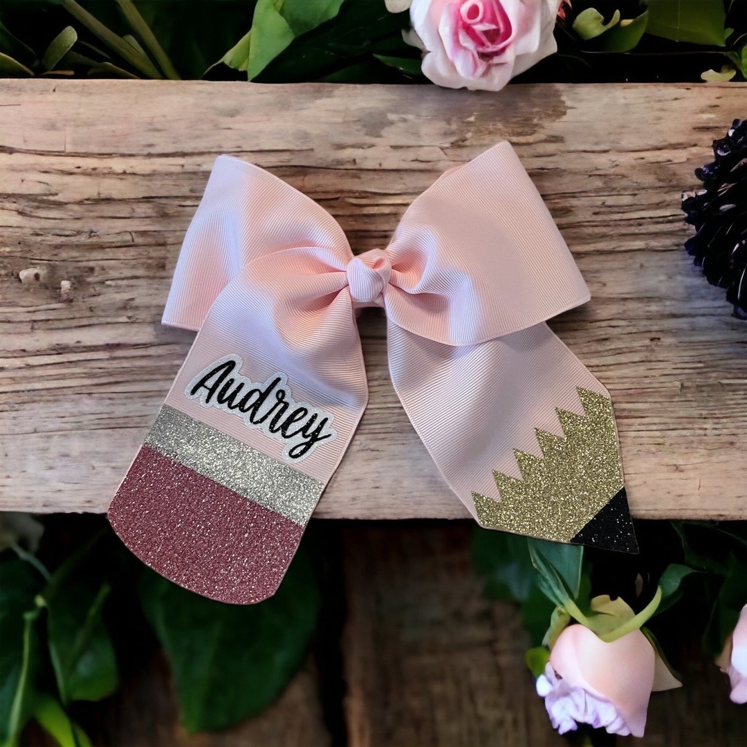 Pink Pencil Bow for Back to School With Name and Glitter, Cheer Bow - Etsy