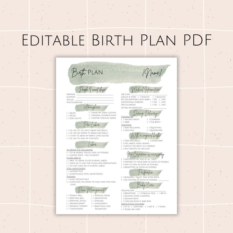 Editable Birth Plan, Editable Birth Preferences - Etsy
