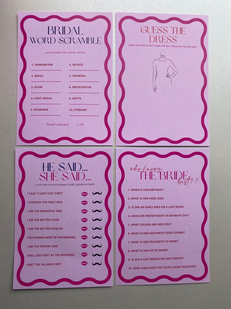 Wavy Pink And Red Bridal Shower Games Bundle Modern Bridal Shower