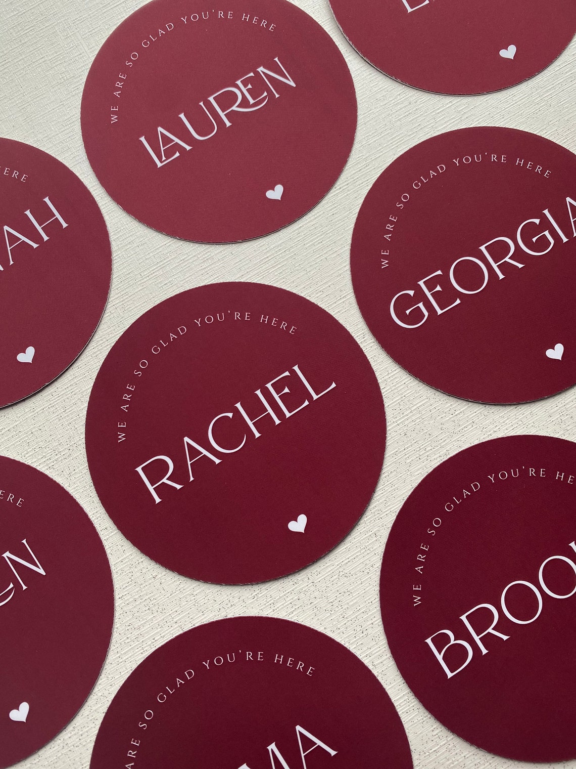 Bridal Shower Place Cards Circle Coasters Wedding Bridal Name Card Red ...