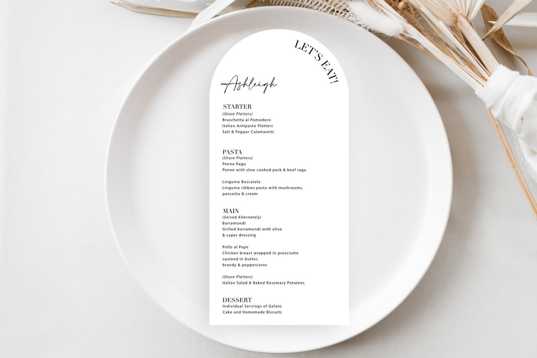 Arch Table Menu, Bridal Shower Menus, Place Cards - Personalised Wedding Menu - Wedding Menu ...