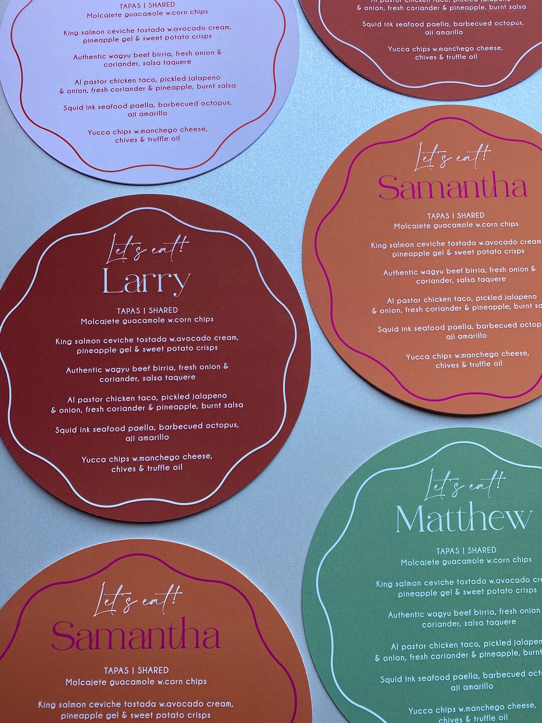 Circle Wedding Table Menu, Wedding Menus Place Cards - Personalised ...