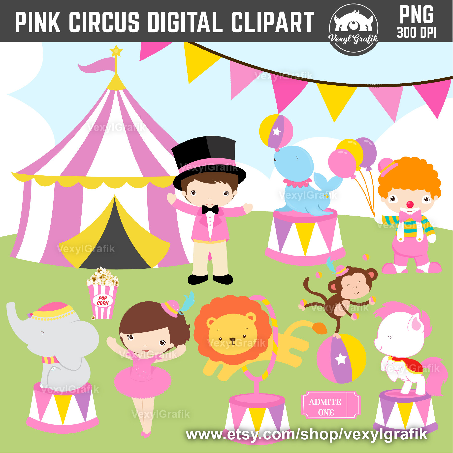 Pink Circus Clipart, Instant Download PNG Files - 300 Dpi, Baby Shower ...