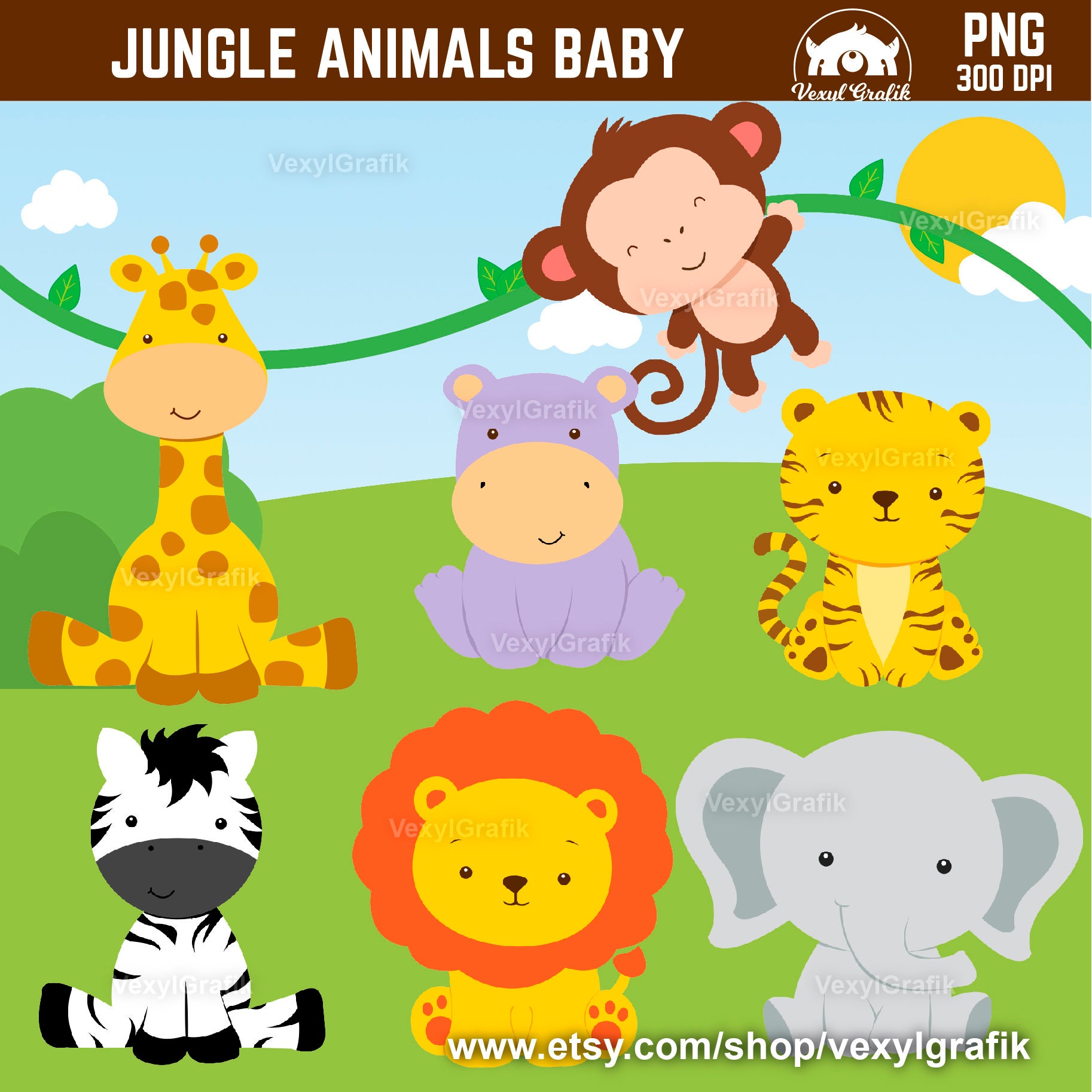 Jungle Animals Baby Clipart, Instant Download PNG Files - 300 Dpi ...