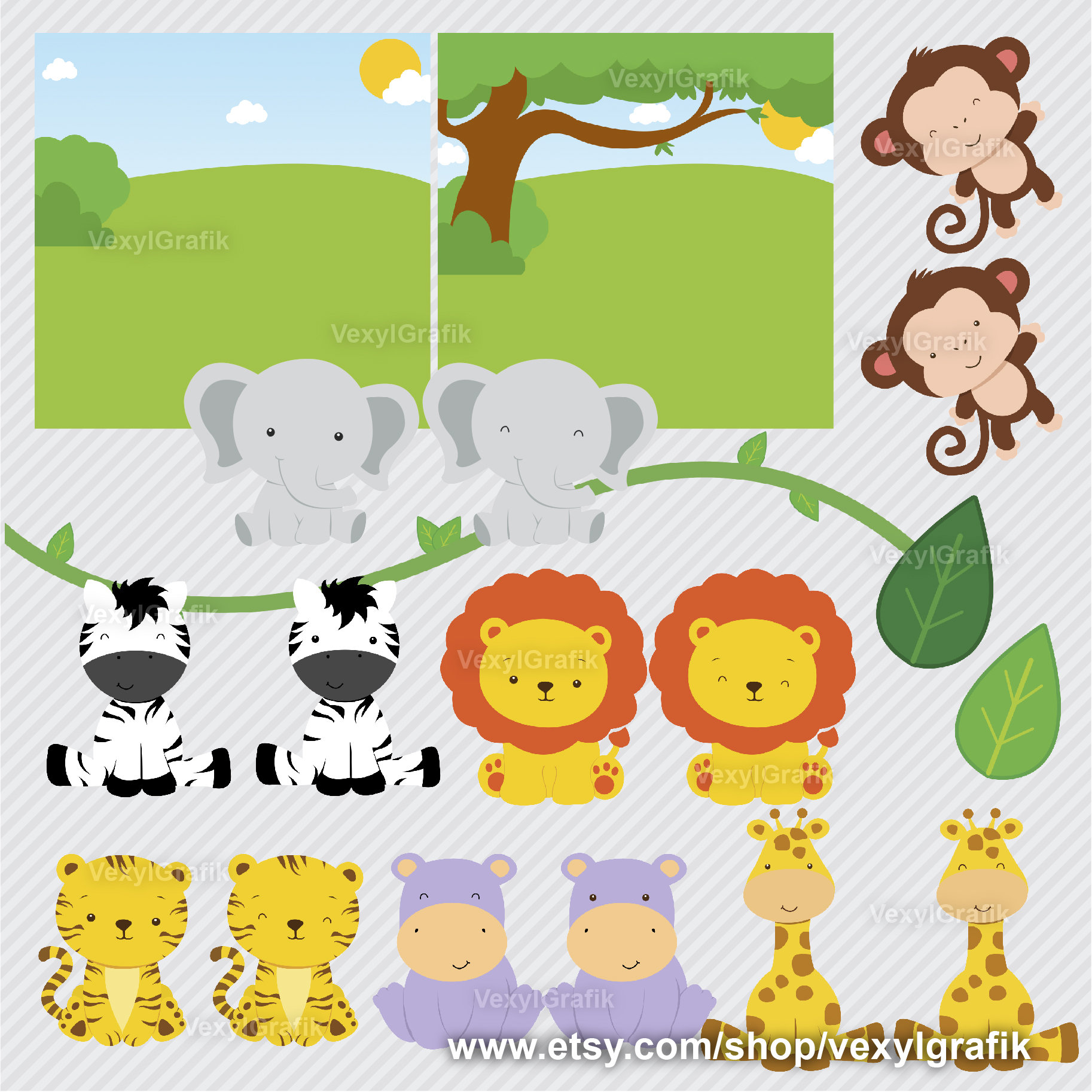 Jungle Animals Baby Clipart, Instant Download PNG Files - 300 Dpi ...