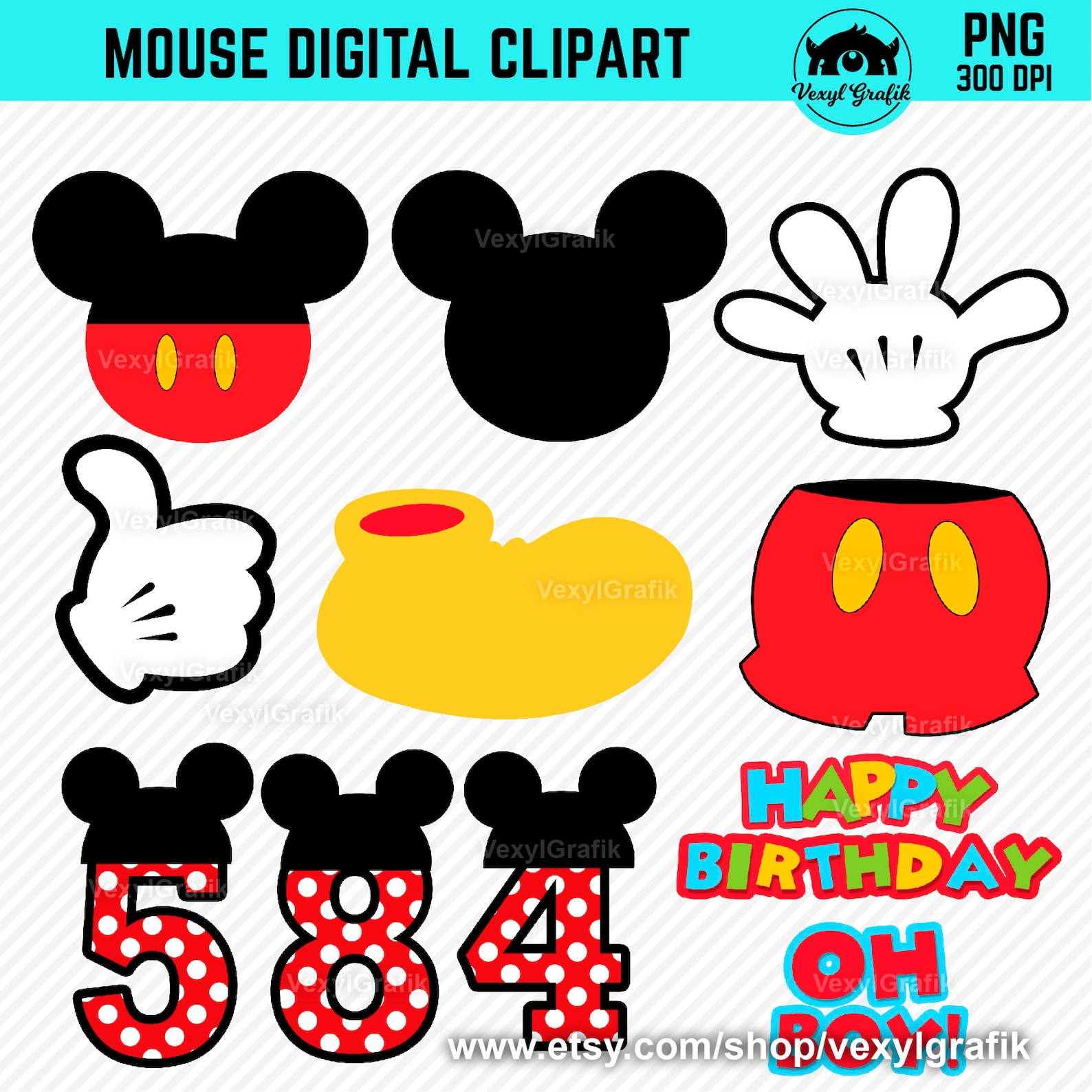 Mickey Mouse Clipart, Instant Download PNG Files - 300 Dpi, Baby Shower ...