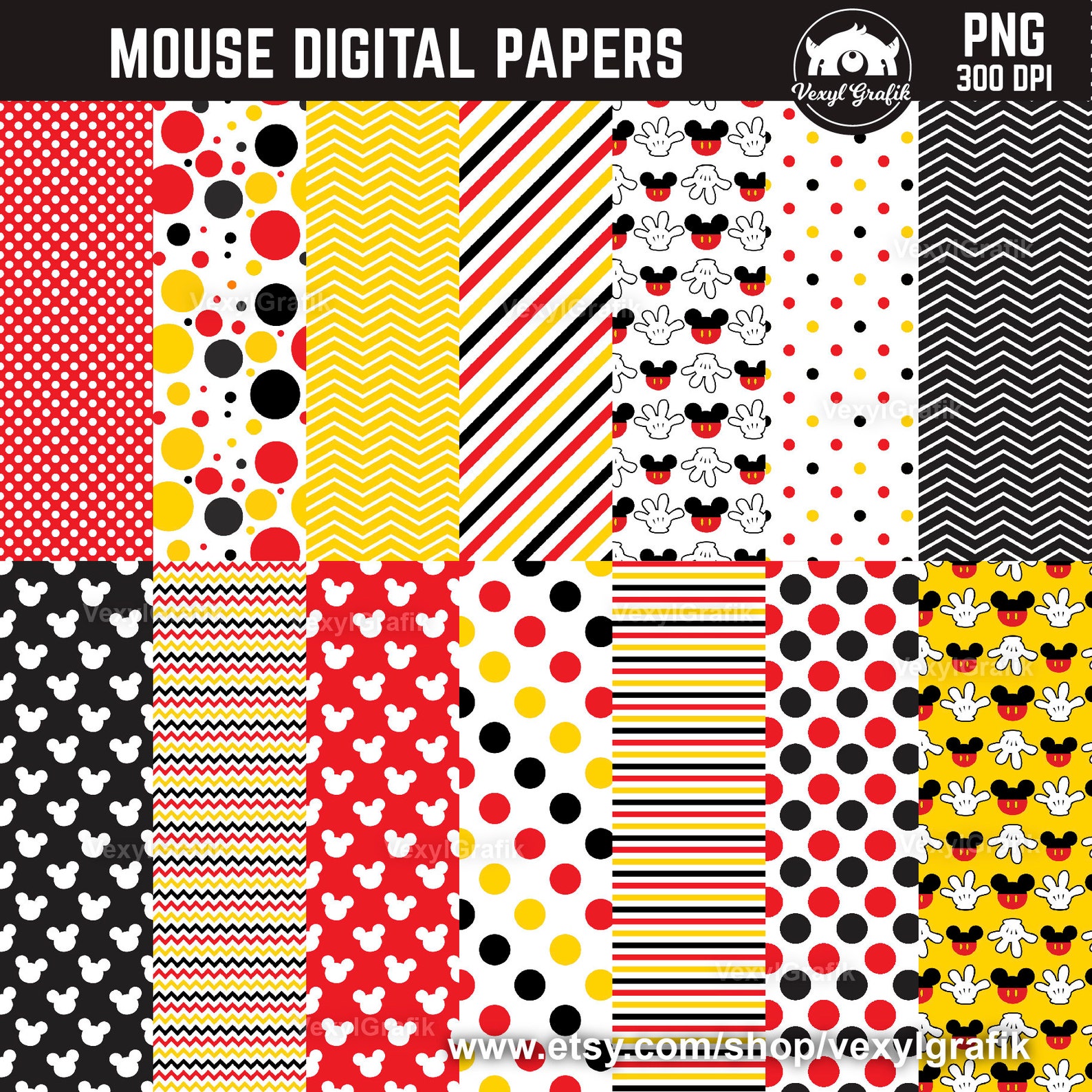 Mickey Mouse Digital Papers, Instant Download PNG Files - 300 Dpi, Baby ...