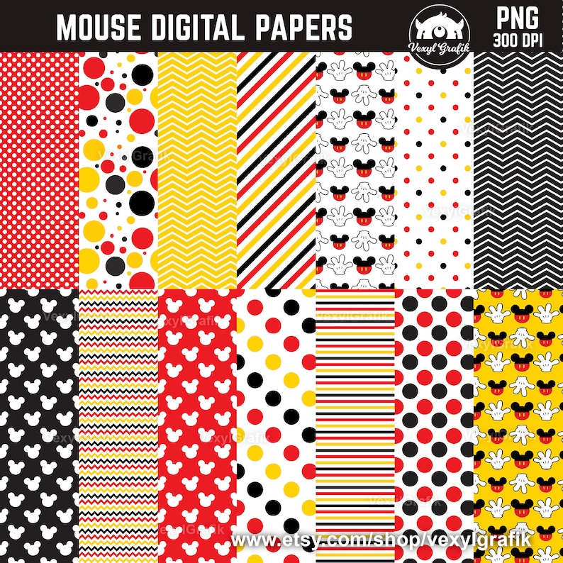 Mickey Mouse Digital Papers, Instant Download PNG Files - 300 Dpi, Baby ...