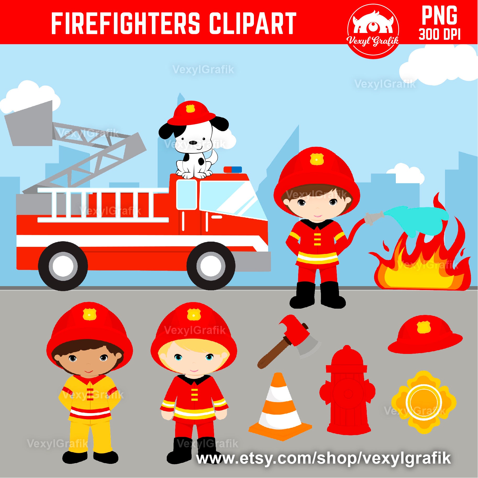 Firefighter Clipart, Instant Download PNG Files - 300 Dpi, Baby Shower ...