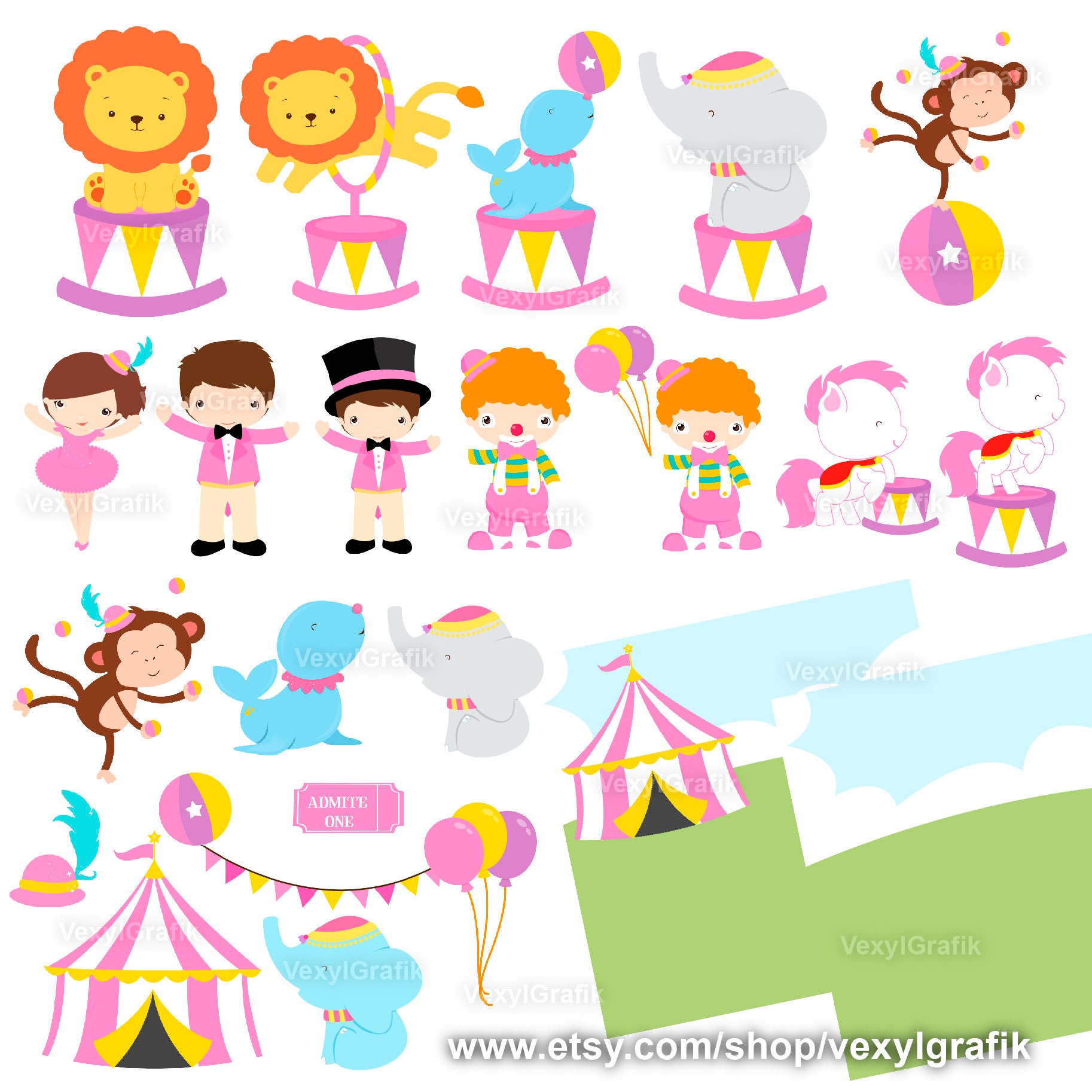 Pink Circus Clipart, Instant Download PNG Files - 300 Dpi, Baby Shower ...