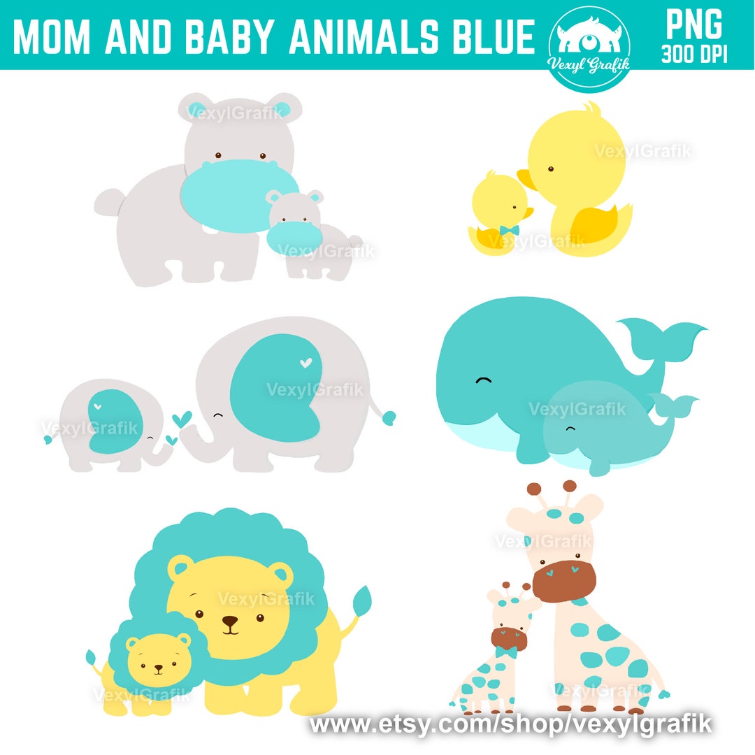 Mom and Baby Animals Blue Clipart, Instant Download PNG Files - 300 Dpi ...