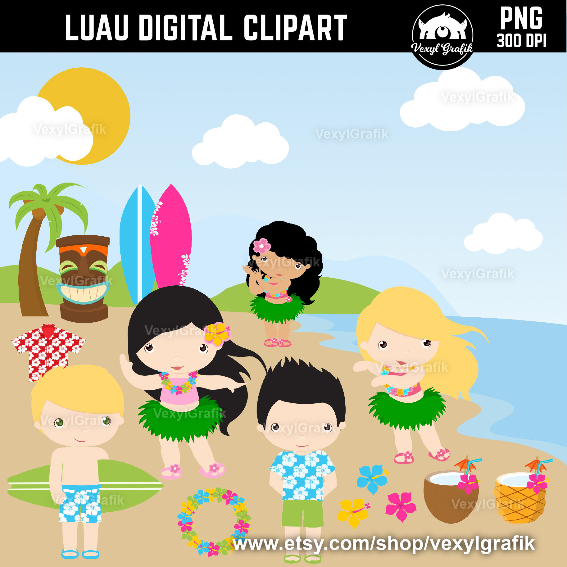 Luau Clipart, Instant Download PNG Files - 300 Dpi, Baby Shower Clipart ...