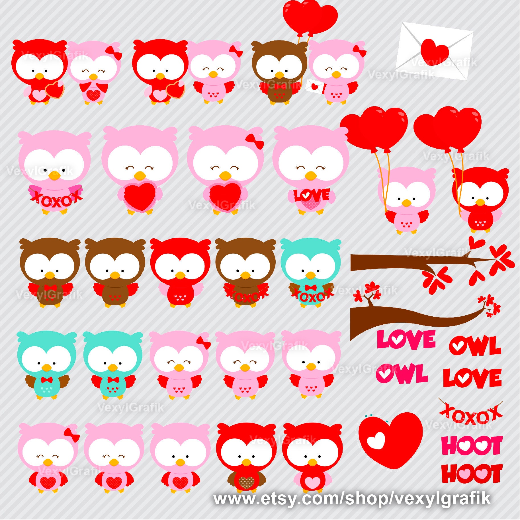 Valentine Owls Clipart, Instant Download PNG Files - 300 Dpi, Baby ...