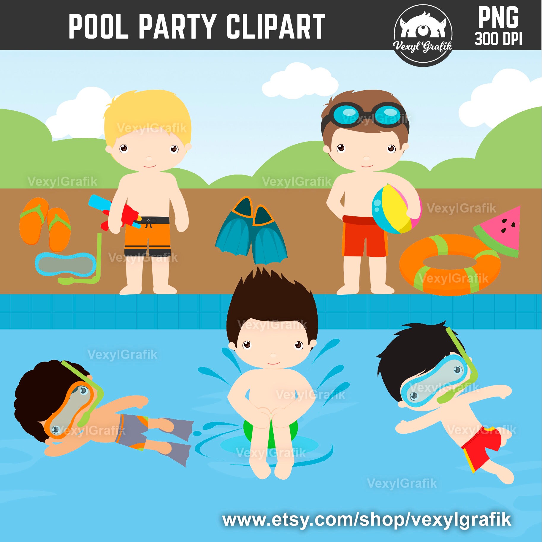 Pool Party Boys Clipart, Instant Download PNG Files - 300 Dpi, Baby ...