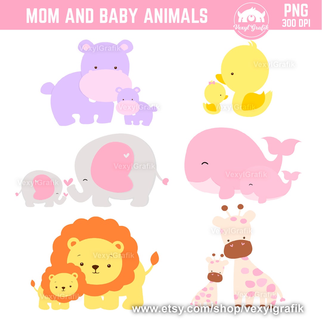 Mom and Baby Animals Pink Clipart, Instant Download PNG Files - 300 Dpi ...