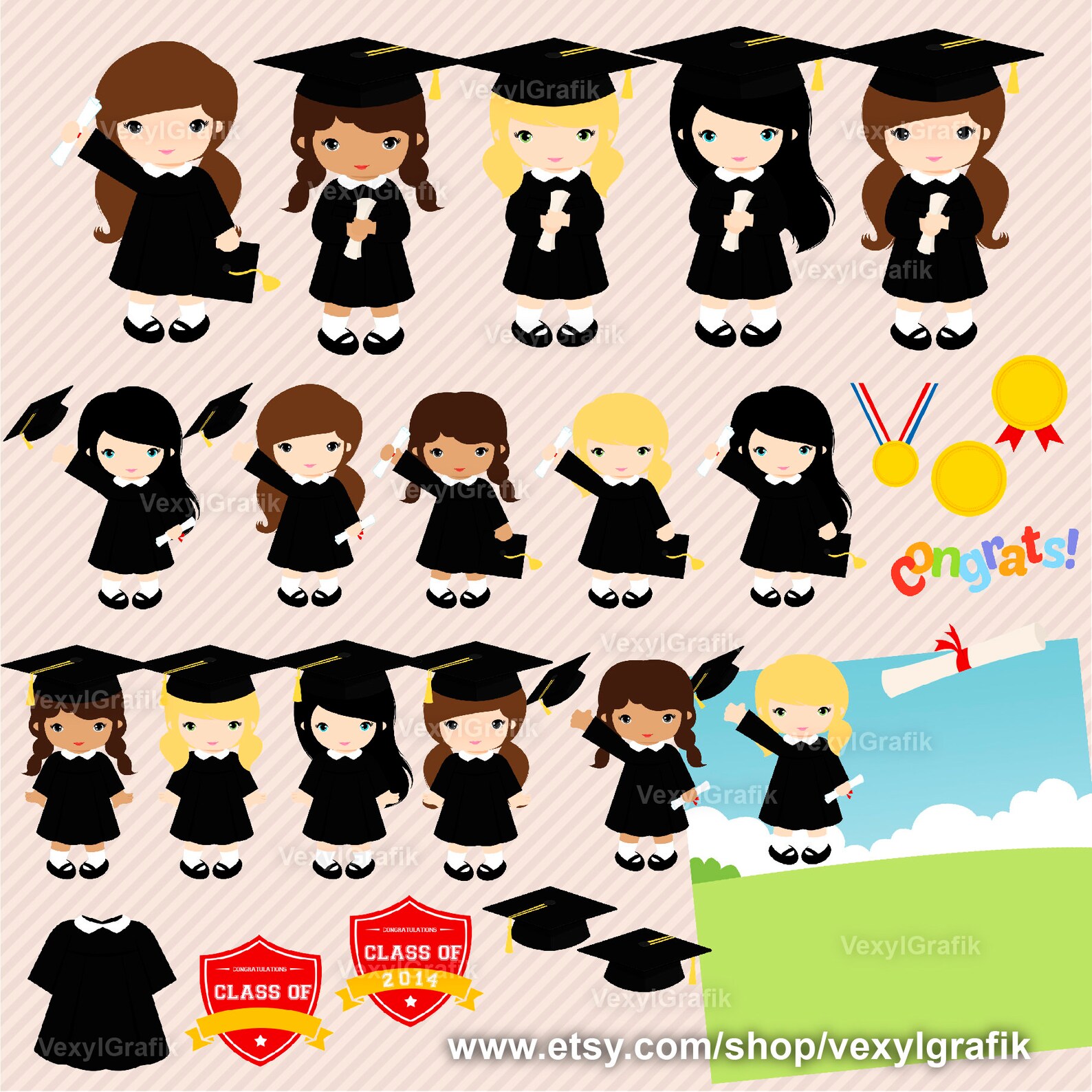 Graduation Girls Clipart, Instant Download PNG Files - 300 Dpi, Baby ...