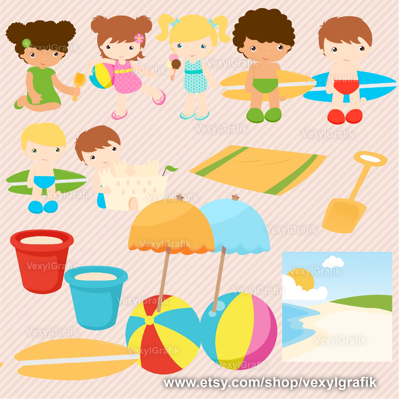 Beach Clipart, Instant Download PNG Files - 300 Dpi, Baby Shower ...