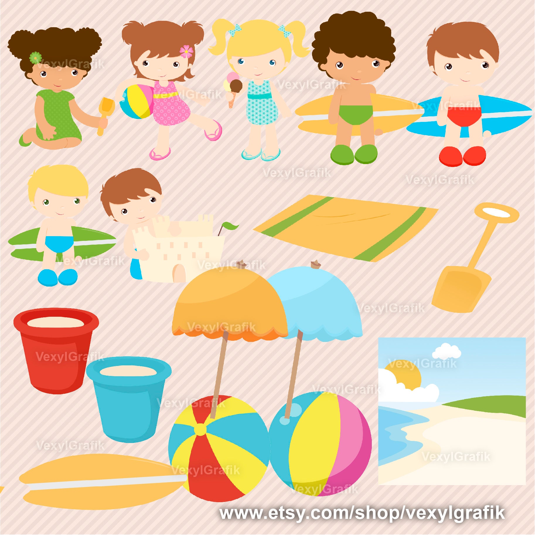 Beach Clipart, Instant Download PNG Files - 300 Dpi, Baby Shower ...