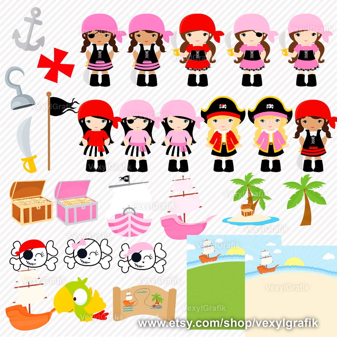 Pirate Girls Clipart, Instant Download PNG Files - 300 Dpi, Baby Shower ...