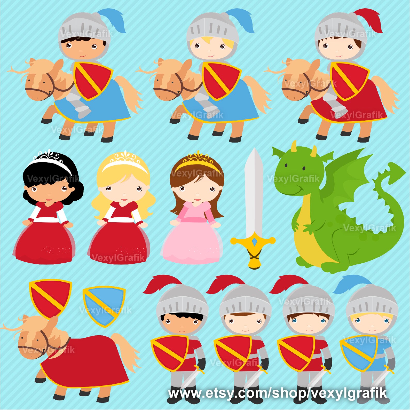 Knight and Dragon Clipart, Instant Download PNG Files - 300 Dpi, Baby ...