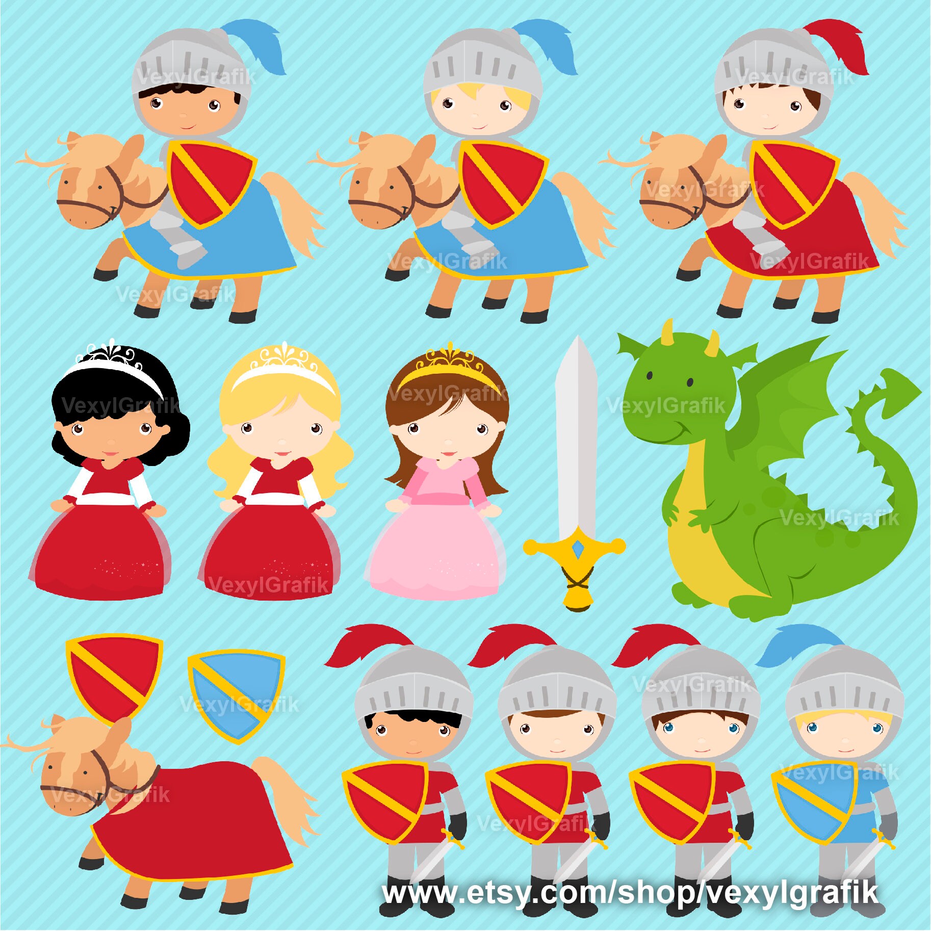 Knight and Dragon Clipart, Instant Download PNG Files - 300 Dpi, Baby ...