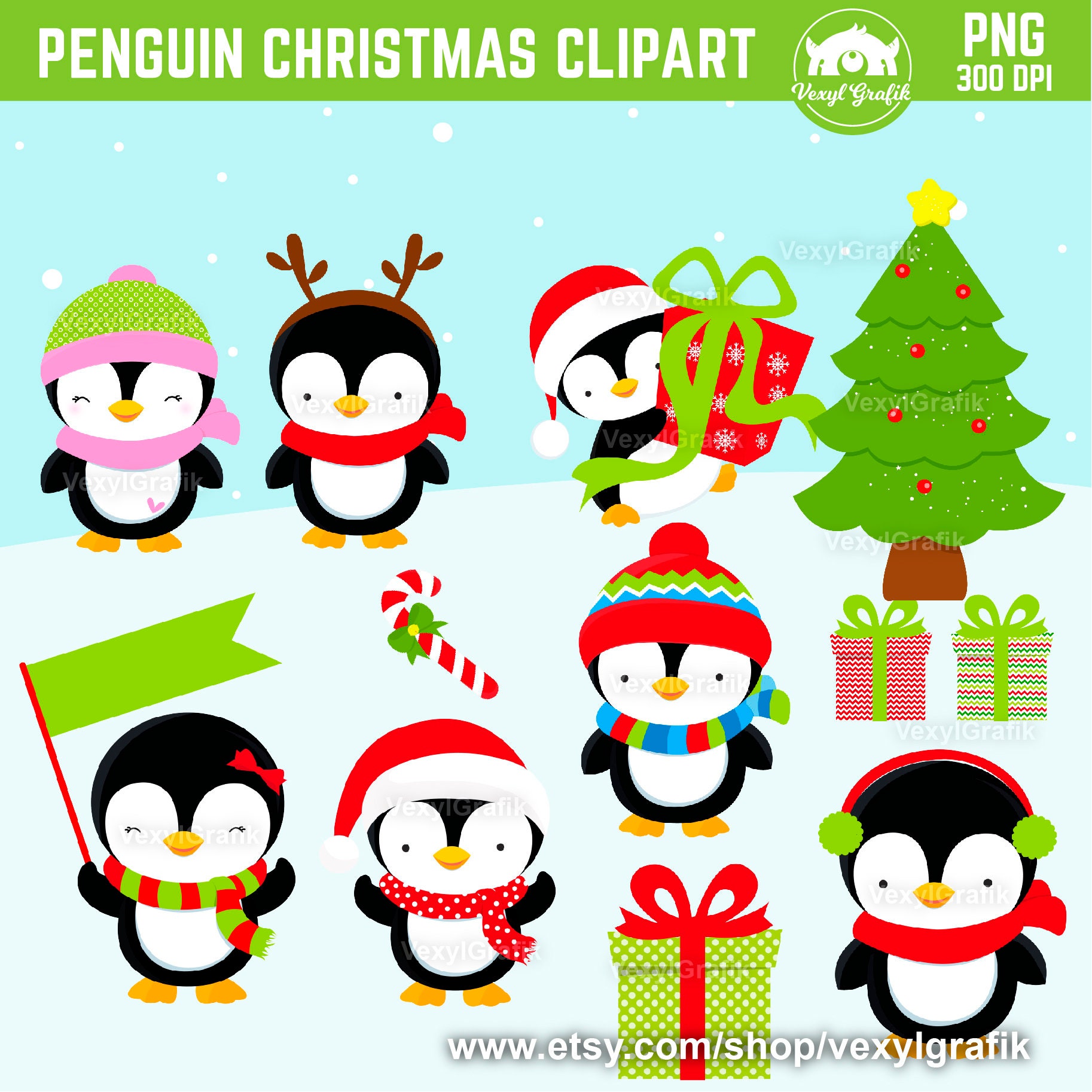 Penguin Christmas Clipart, Instant Download PNG Files - 300 Dpi, Baby ...