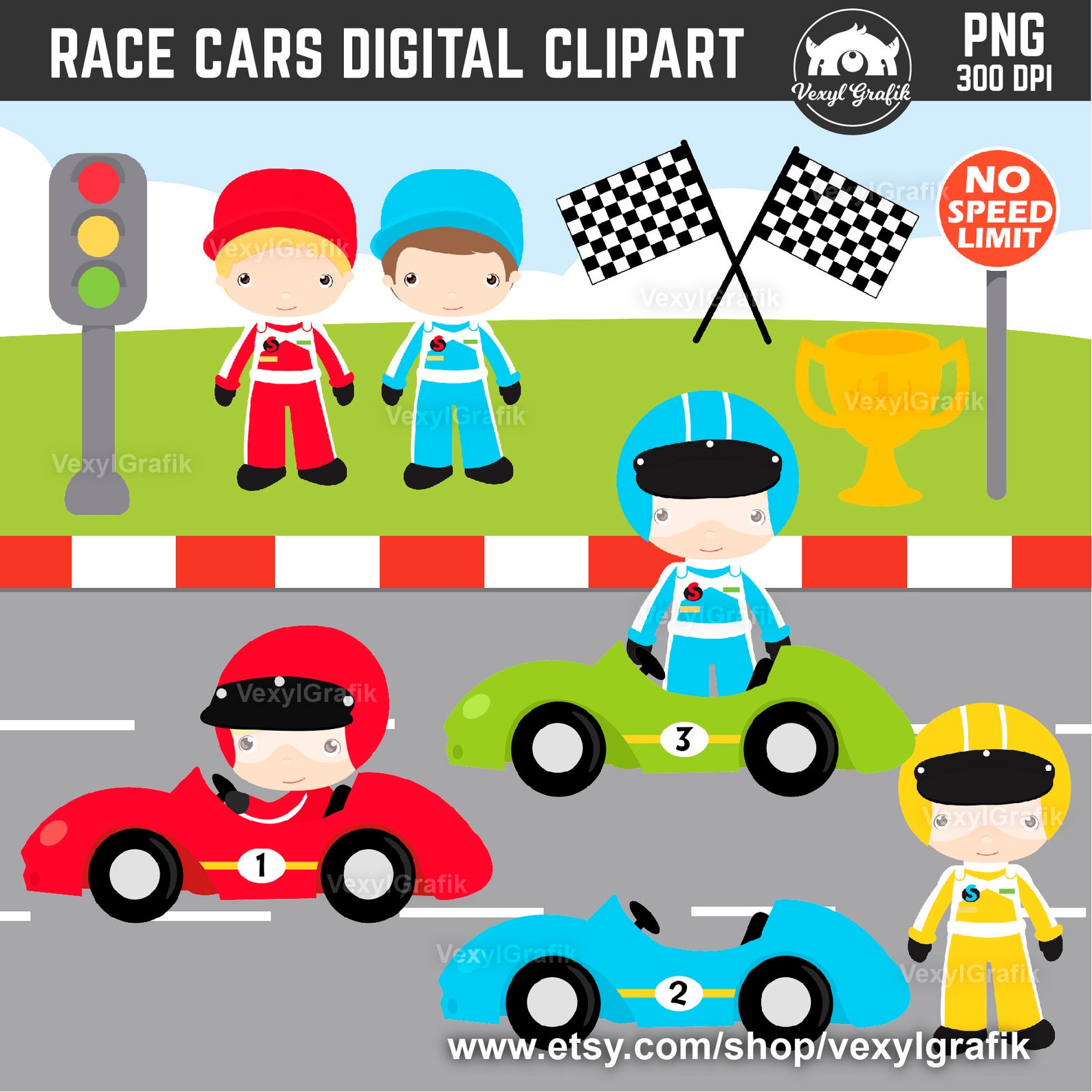 Race Cars Clipart, Instant Download PNG Files - 300 Dpi, Baby Shower ...