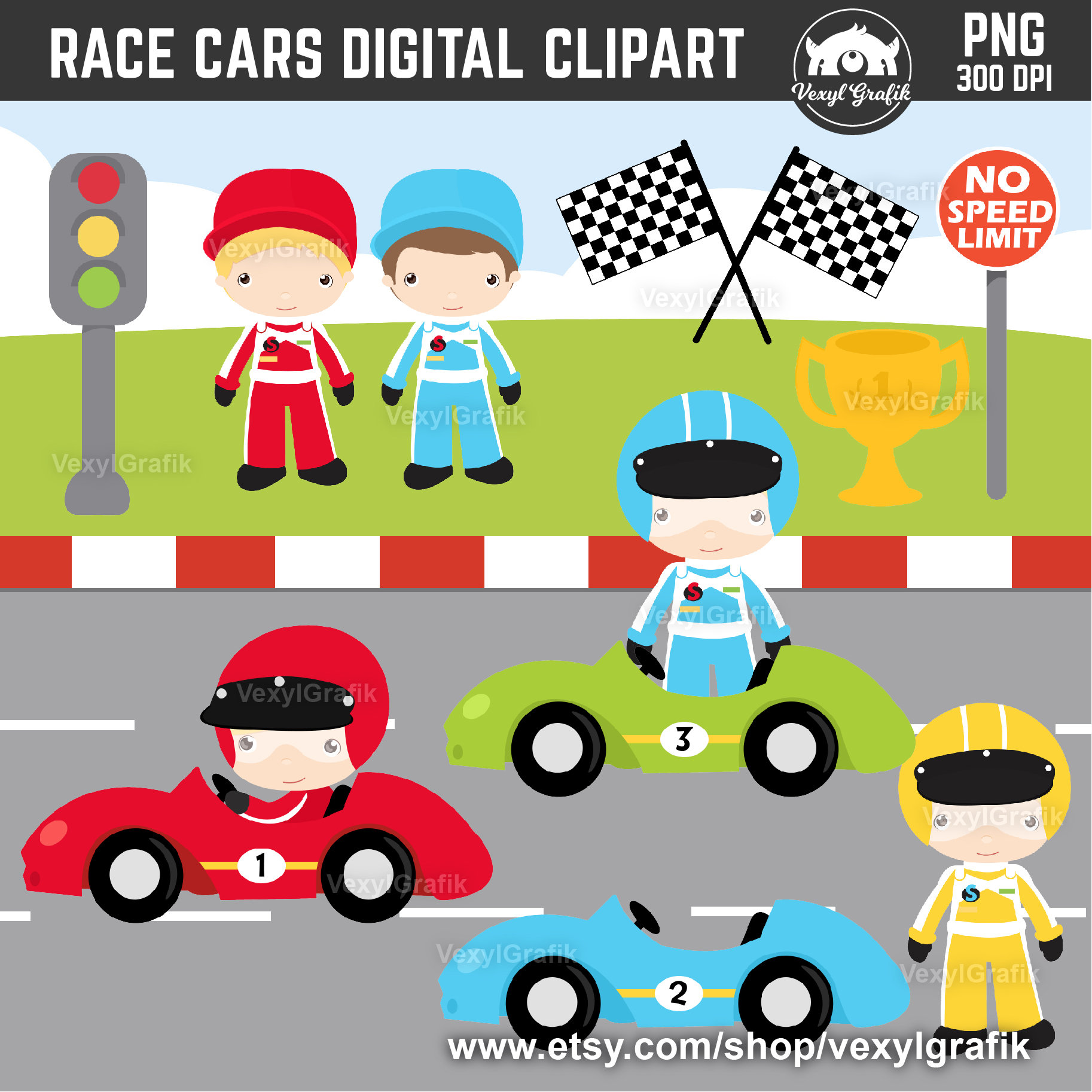 Race Cars Clipart, Instant Download PNG Files - 300 Dpi, Baby Shower ...