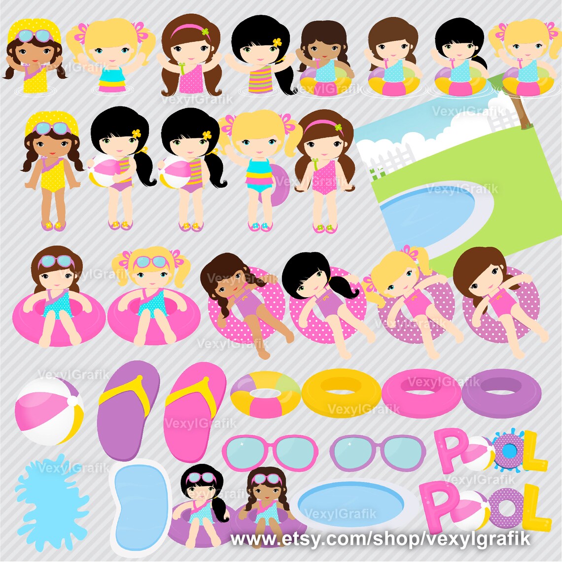 Summer Girls Clipart, Instant Download PNG Files - 300 Dpi, Baby Shower ...