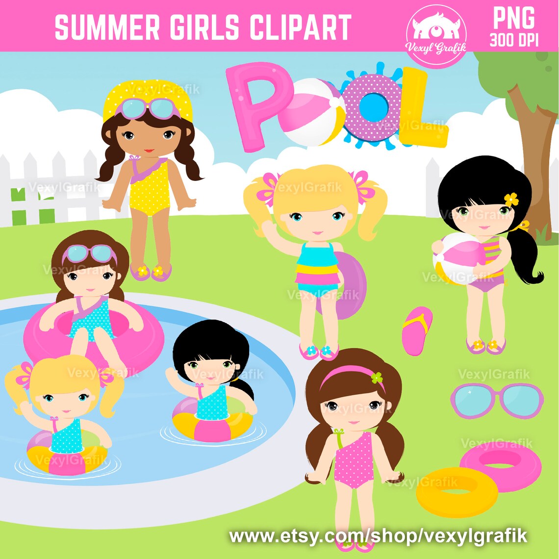 Summer Girls Clipart, Instant Download PNG Files - 300 Dpi, Baby Shower ...