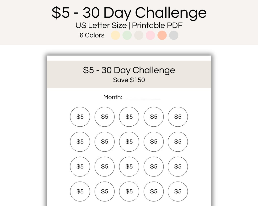 30 Day Savings Challenge 5 Dollar Savings Tracker Printable - Etsy