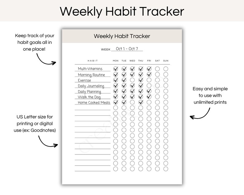 Weekly Habit Tracker Printable PDF Habit Tracker Simple - Etsy